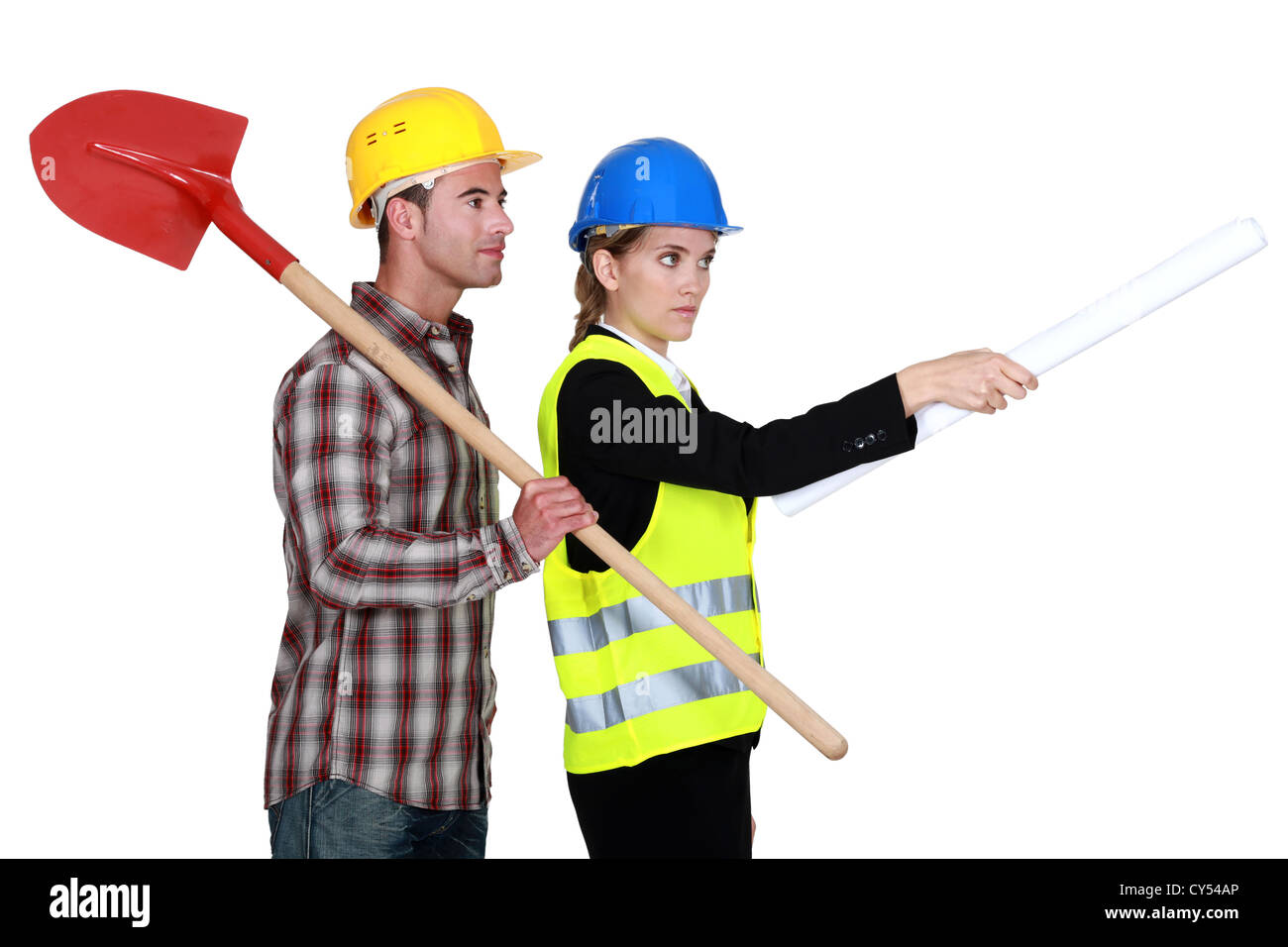Building worker and woman supervising work on white background Stock ...