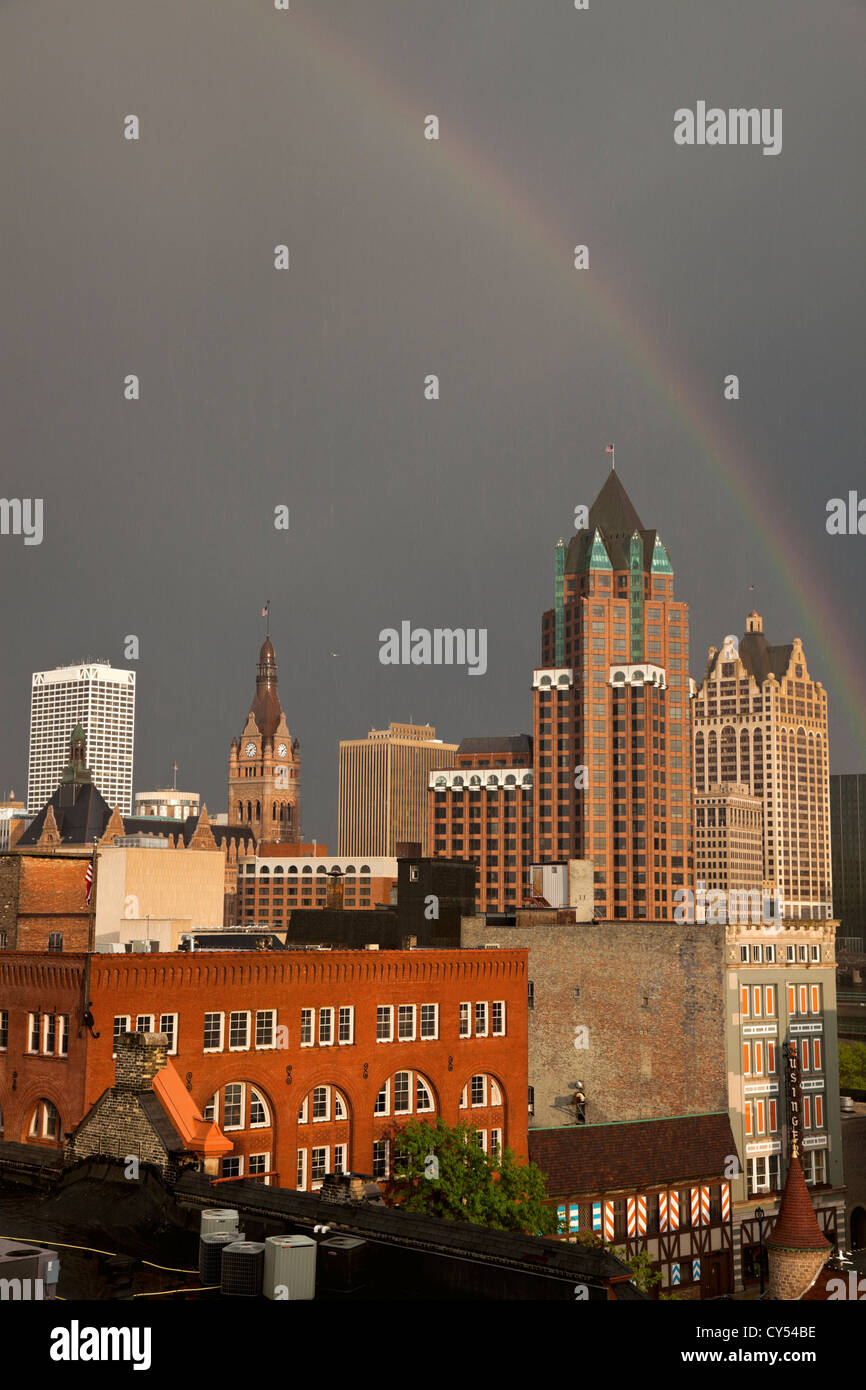 USA, Wisconsin, Milwaukee, Rainbow over downtown Milwaukee Stock Photo ...