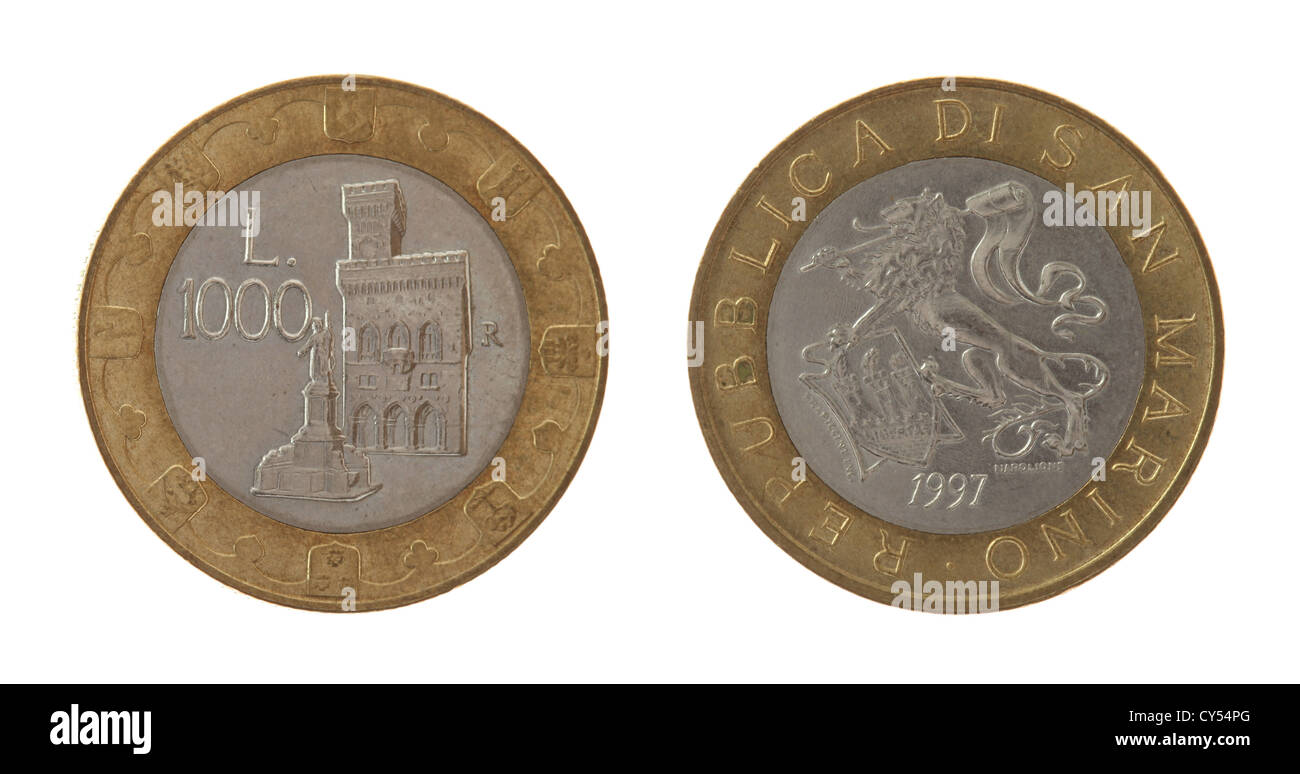 Old Sammarinese 1000 lira coins isolated on white Stock Photo - Alamy