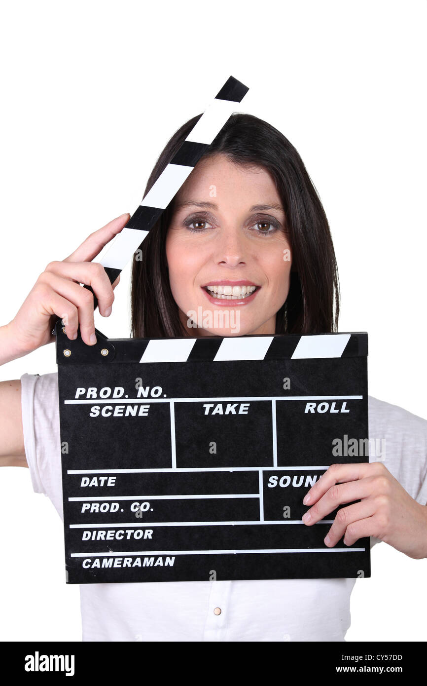 woman using movie clap Stock Photo - Alamy