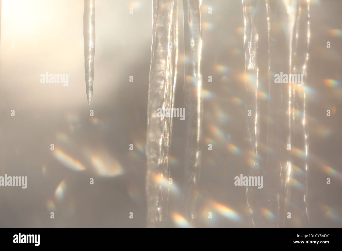 Icicles hanging from a gutter are seen through a window covered with ...