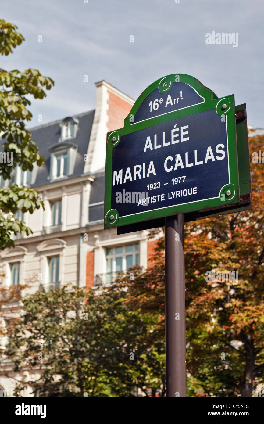 Street sign for Allee Maria Callas in the 16th Arrondissement, Place du ...