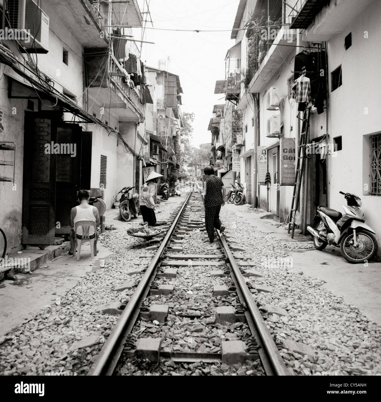 Life beside the train tracks in Old City of Hanoi in Vietnam in Far ...