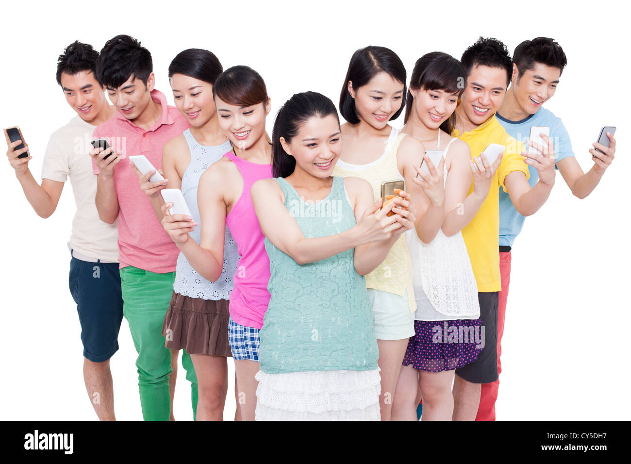 Group of young people showing mobile phones Stock Photo - Alamy