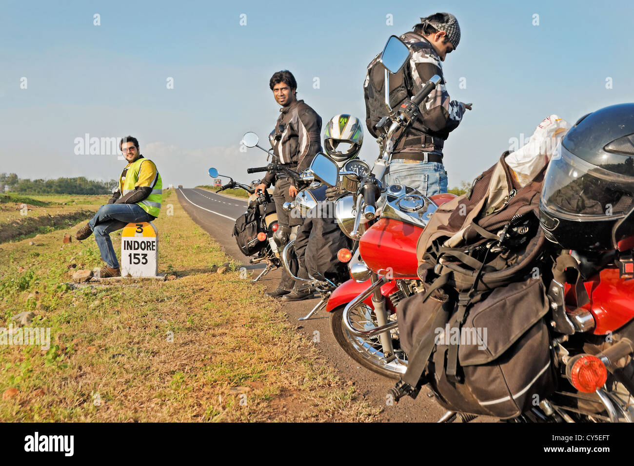 Indian motorbikers on tour taking a rest at the 153 kilometers to ...