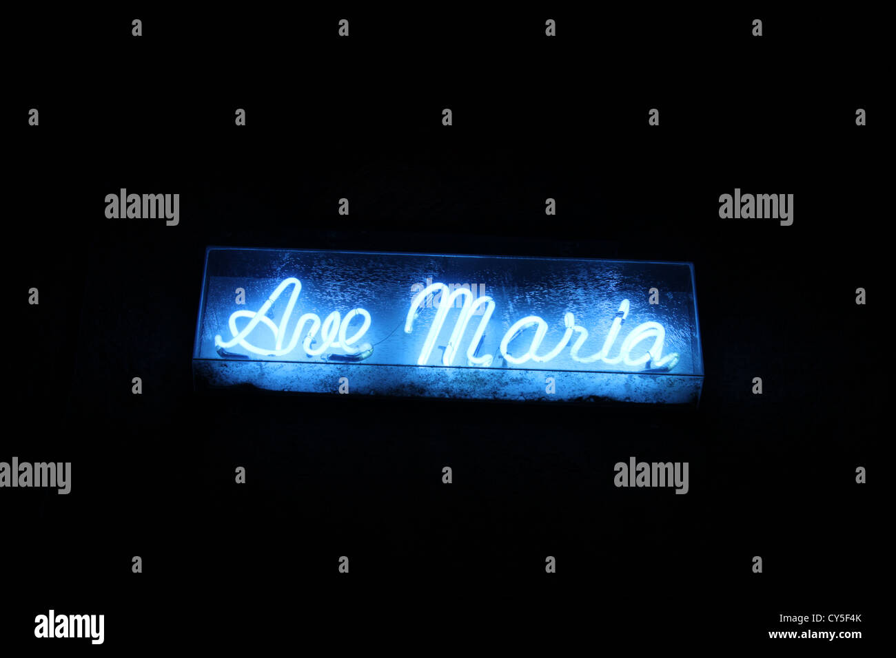 blue neon ave maria sign outside church in rome italy at night Stock ...