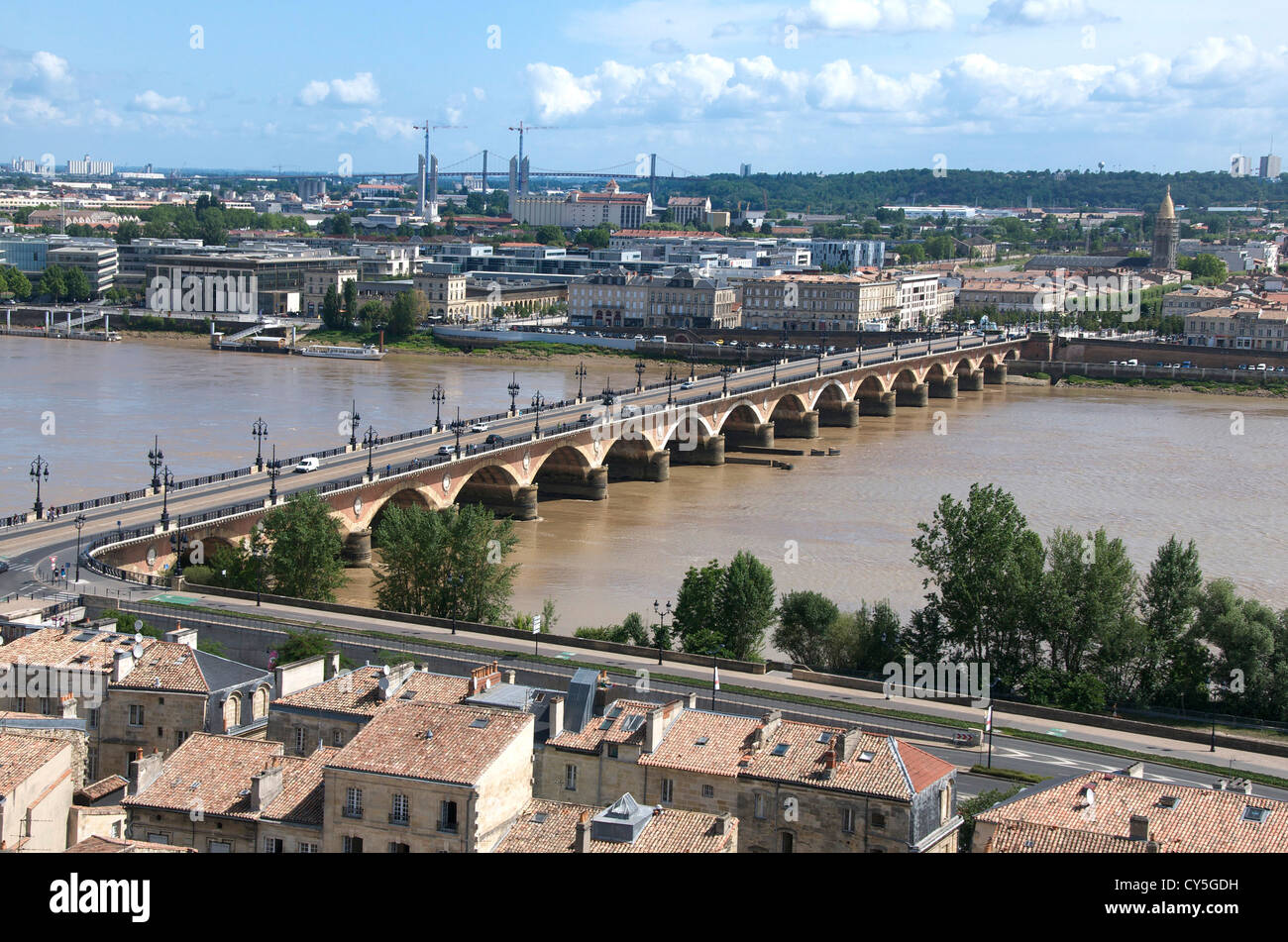 View of Bordeaux and river Garonne and Pont de Pierre bridge, Gironde ...
