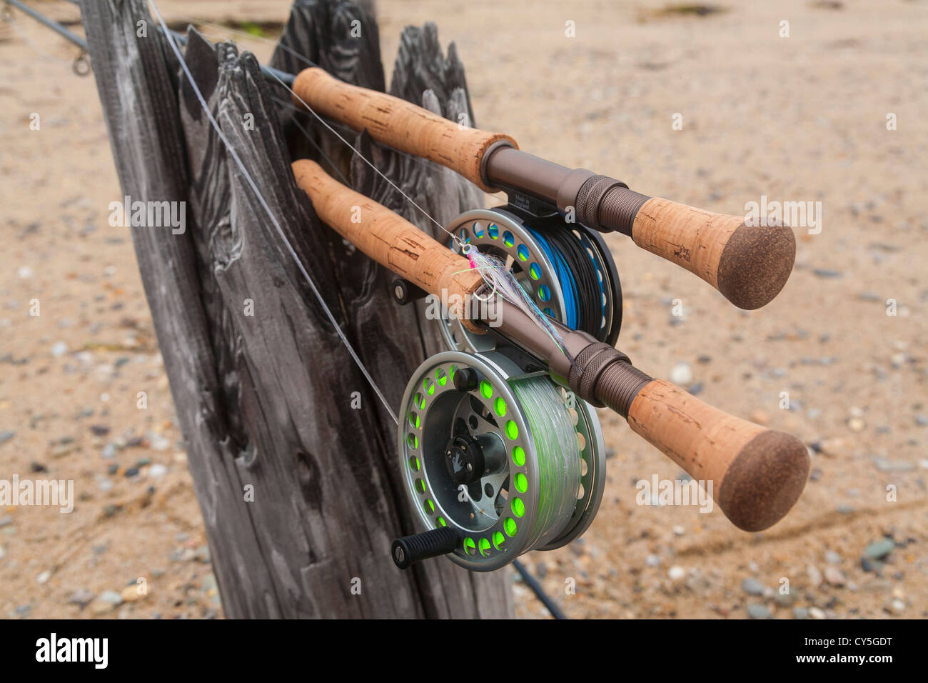 Salt Water fly Rods in old wooden piling. Cape Cod. USA Stock Photo - Alamy