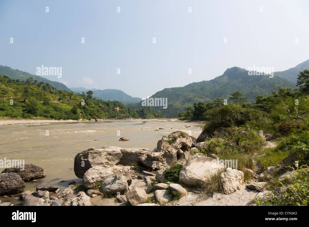 River view along the way from Kathmandu to Pokhara, Nepal Stock Photo ...