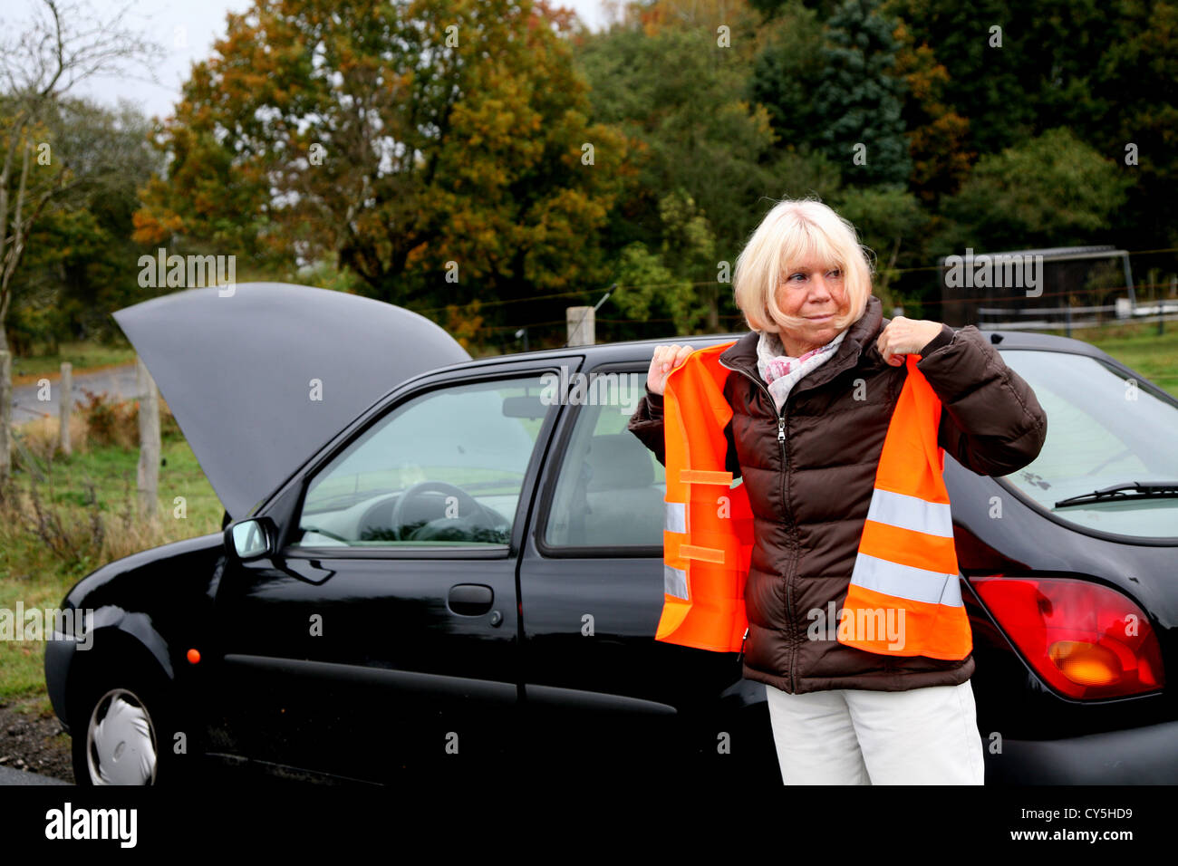 Senior woman has car breakdown Stock Photo - Alamy