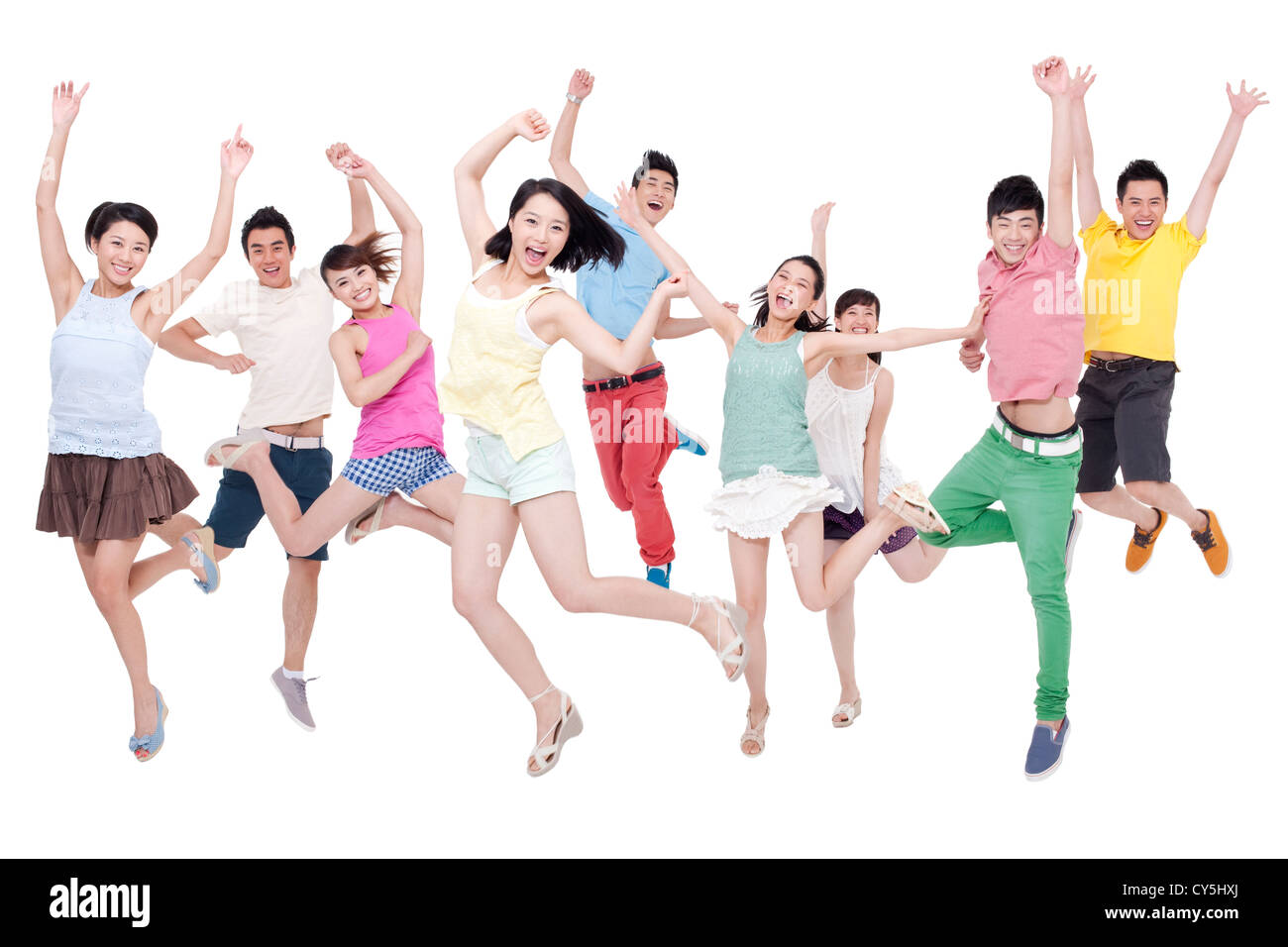 Excited young people jumping Stock Photo - Alamy