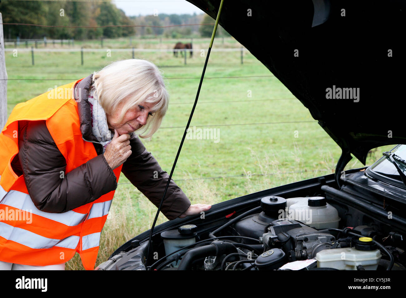Senior woman has car breakdown Stock Photo - Alamy
