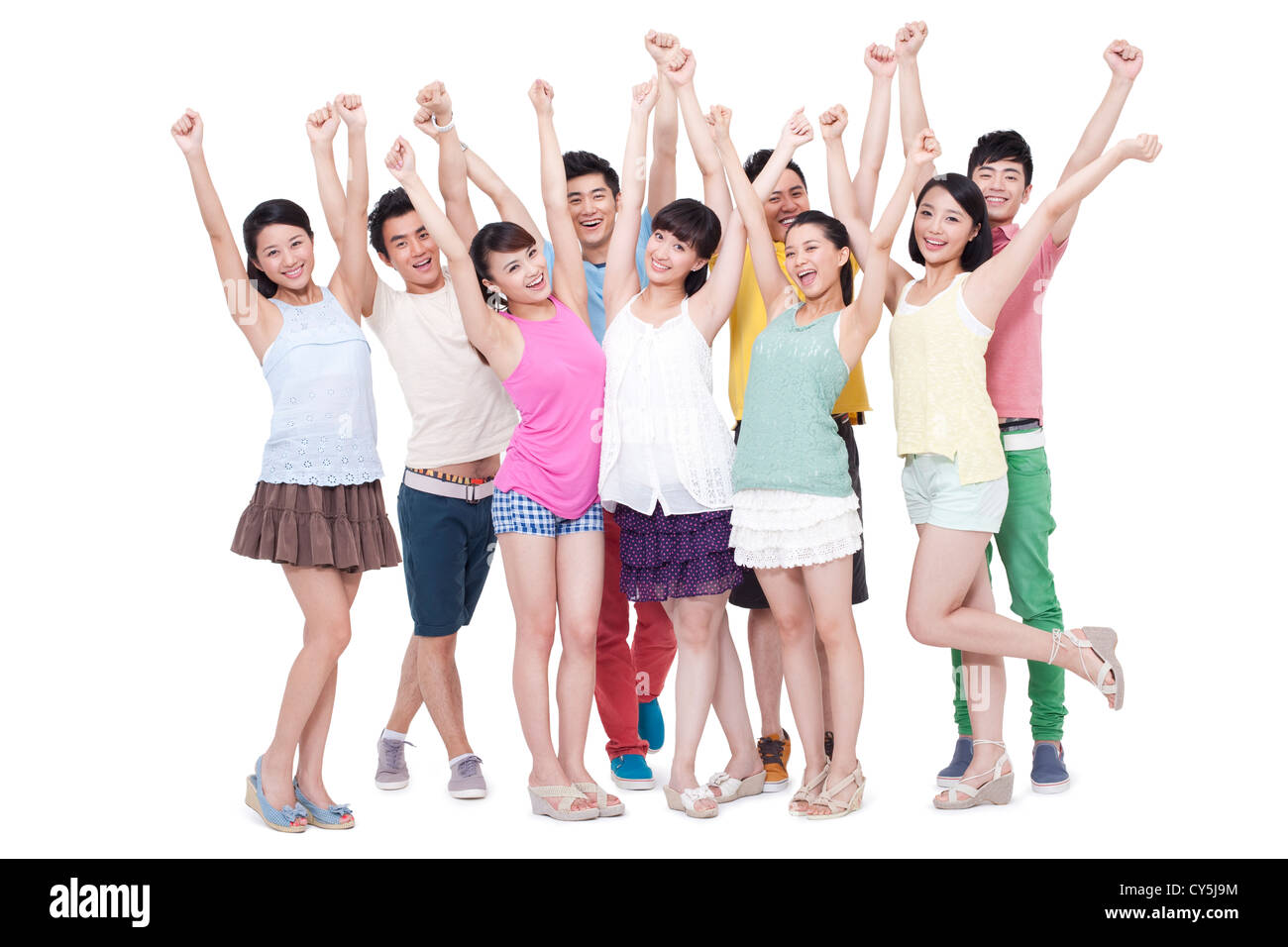 Group of young people raising arms Stock Photo - Alamy