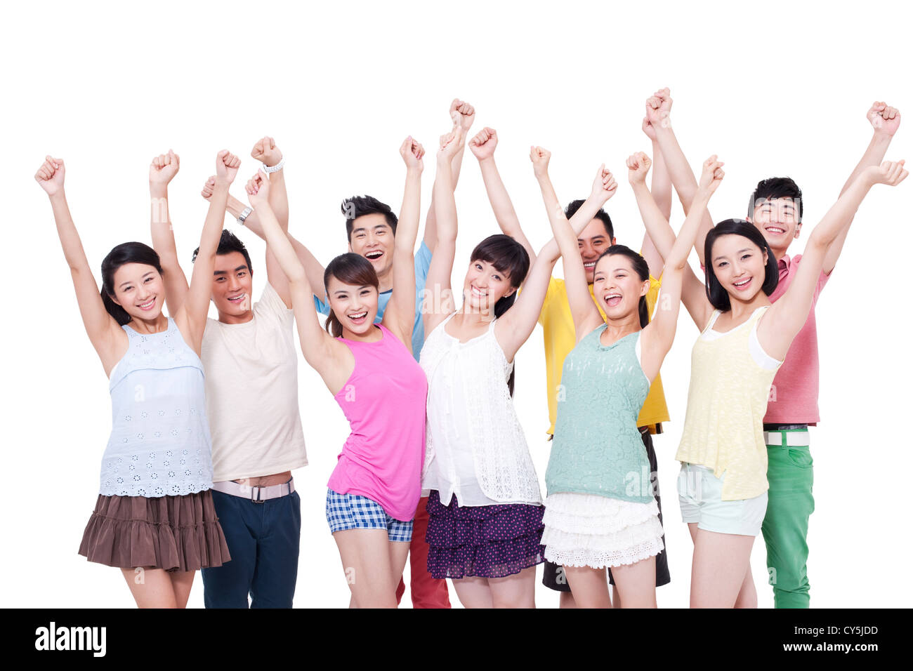 Three women raising arms in hi-res stock photography and images - Alamy