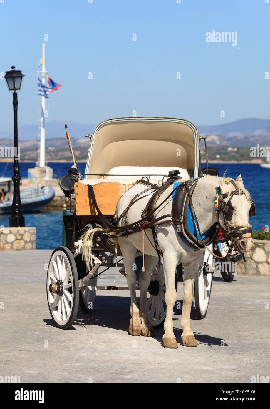 A horse and buggy awaiting customers on the Greek Island of Spetses ...