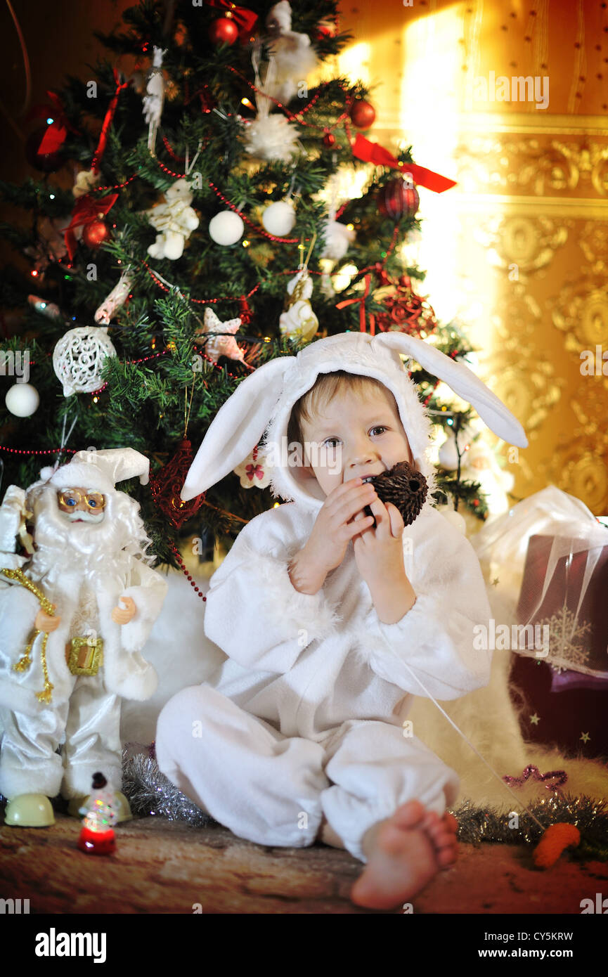 near the tree sits a boy dressed as a white rabbit with chocolate Stock ...