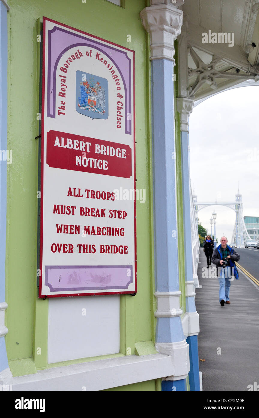 London, England, UK. Albert Bridge - sign instructing marching troops ...