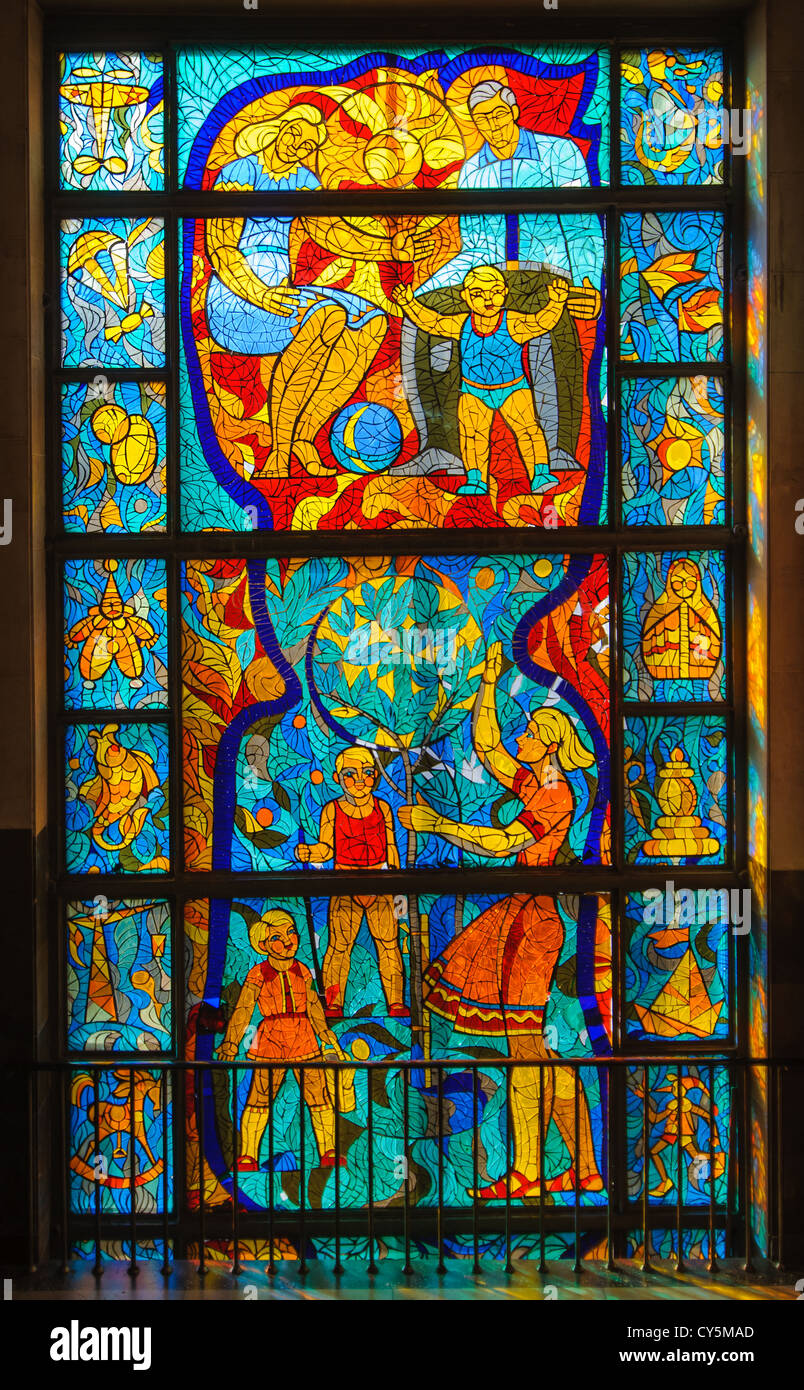 Old stained-glass window with people. Made in USSR Stock Photo - Alamy
