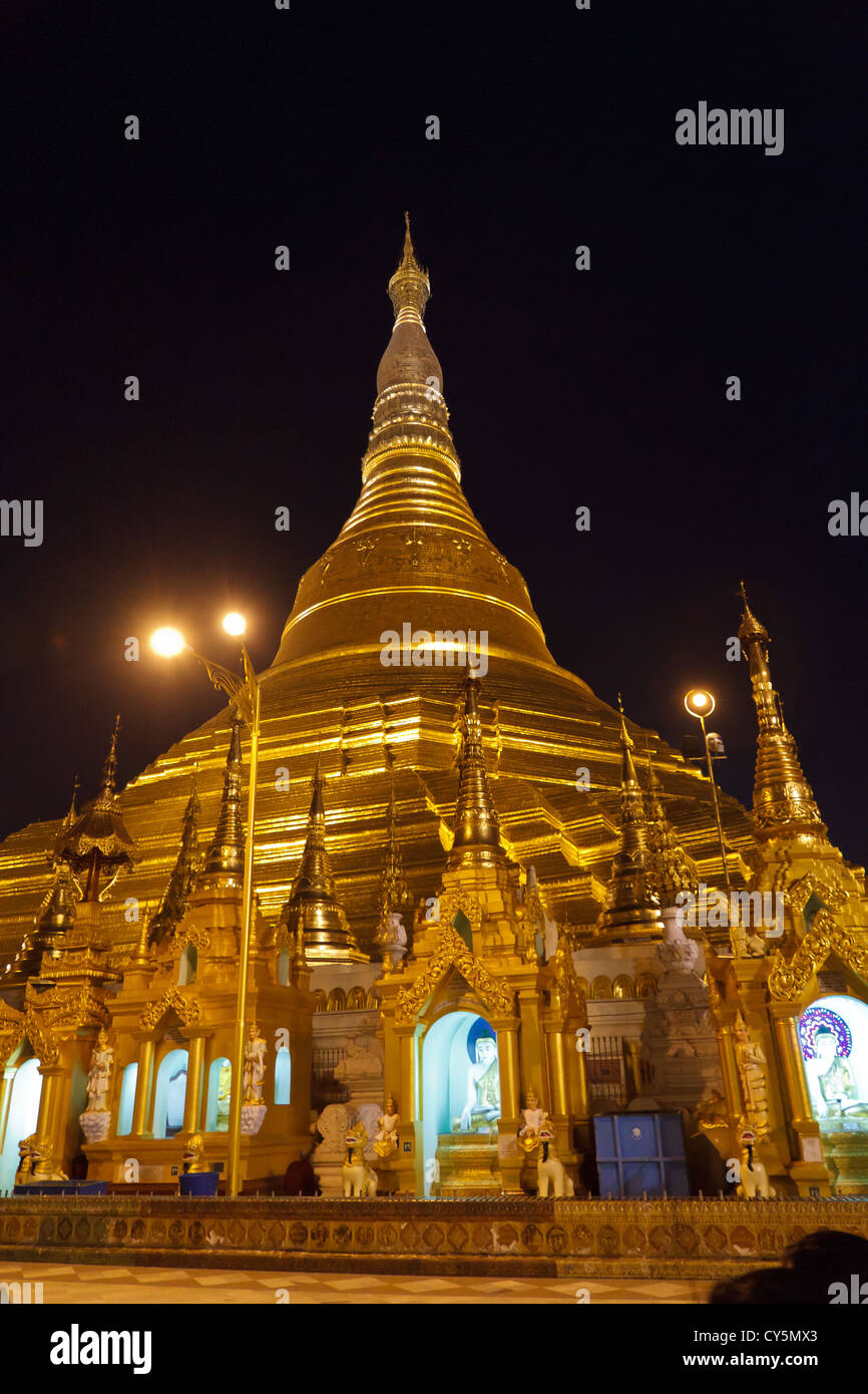 The Stupa of the famous Shwedagon Pagoda in Rangoon at Night, Myanmar ...