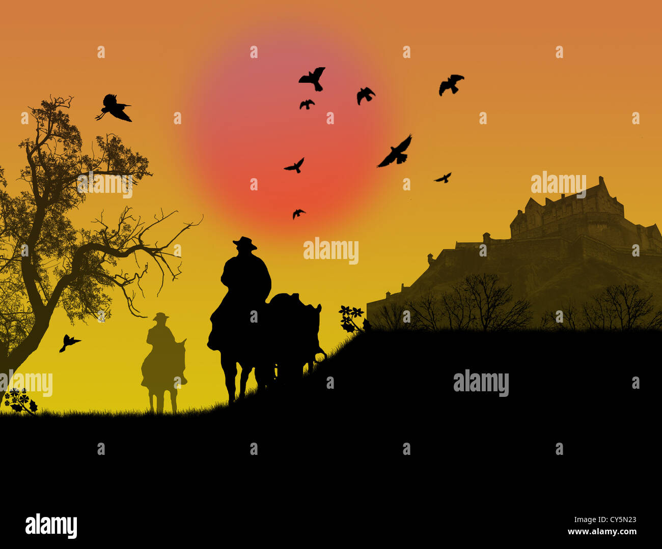 Silhouette man horse against sunset hi-res stock photography and images ...