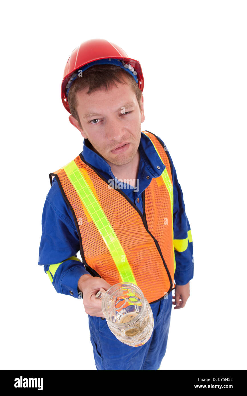 construction worker under influence of alcohol isolated on white ...