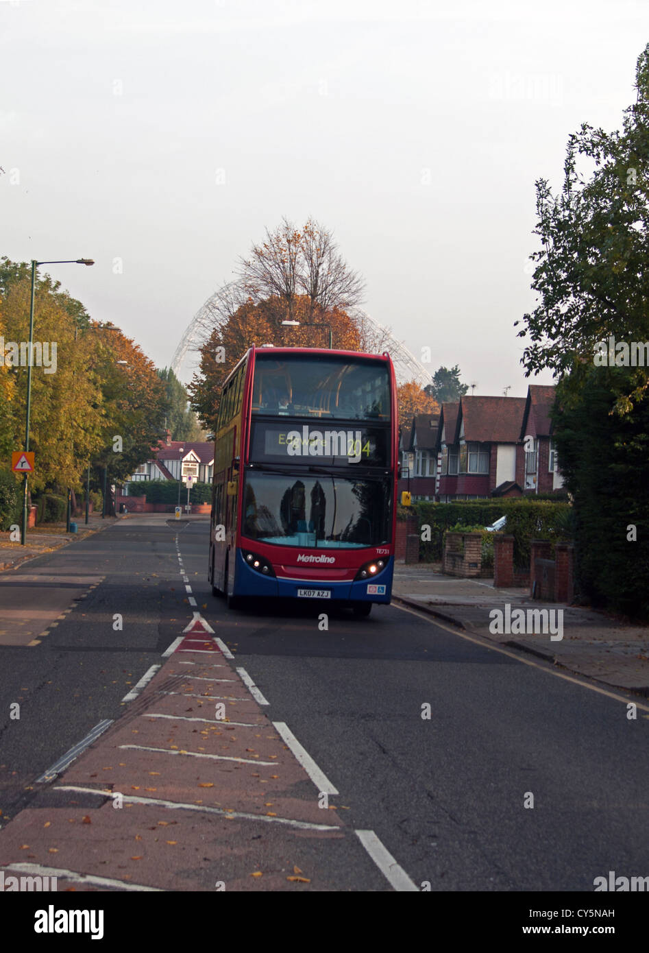 London Bus on Preston Road showing the Wembley Stadium arch in ...
