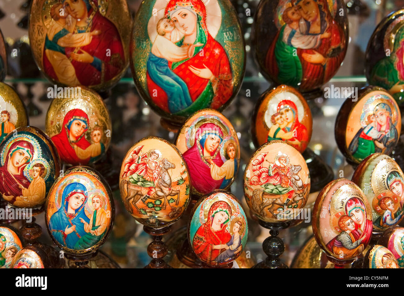 Easter eggs decorated with Virgin Mary and Christ child in Prague shop ...
