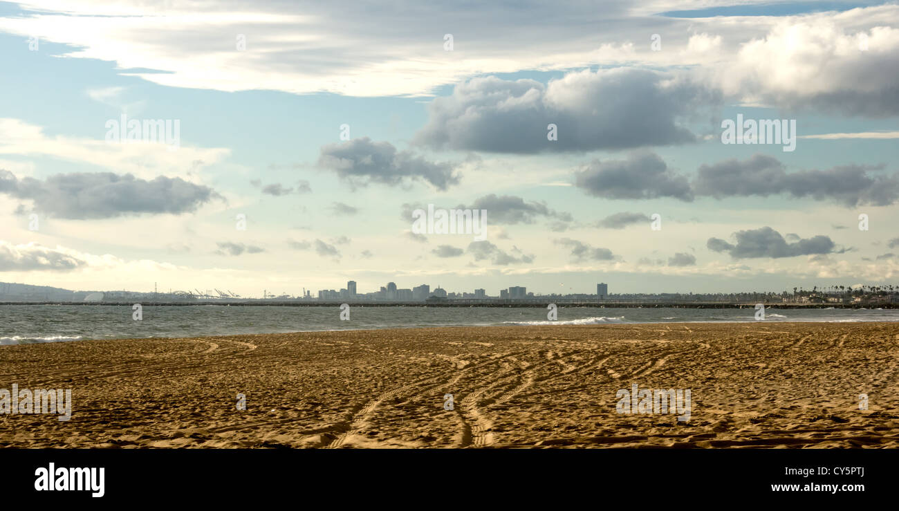 Scenic landscape at Sunset Beach with Long Beach city skyline in the ...