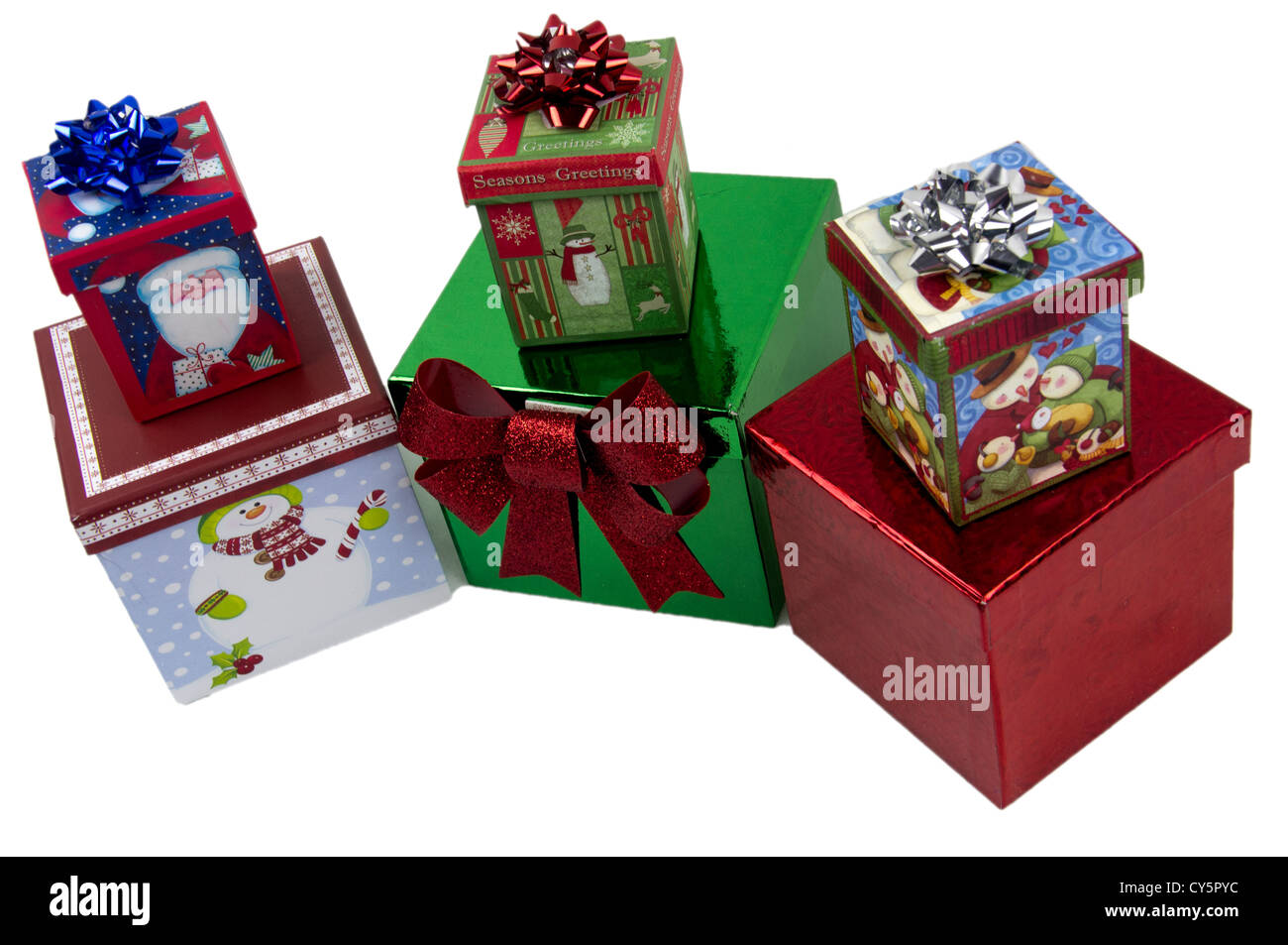 Boxed and decorated Christmas presents isolated on white background ...