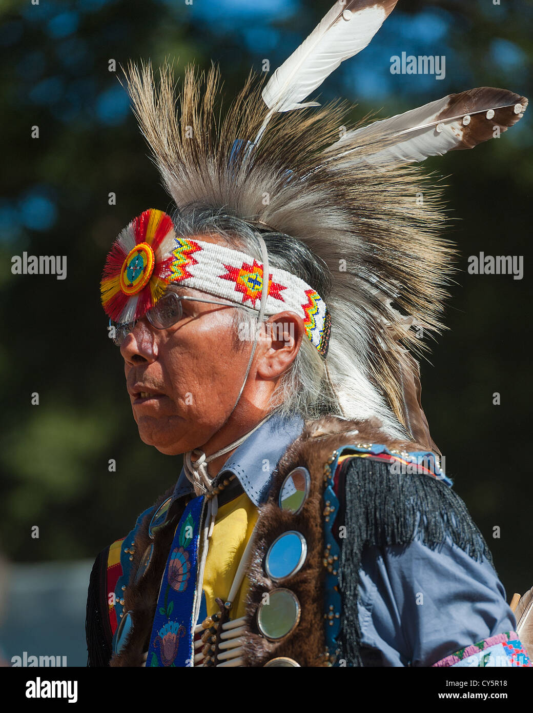 Chumash native American man, grass dancer, at the 2012 Inter Tribal Pow ...