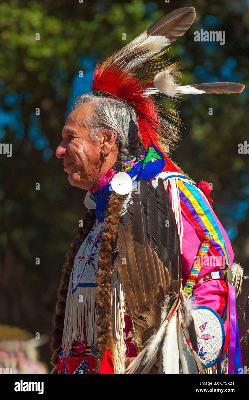Chumash native American man, grass dancer, at the 2012 Inter Tribal Pow ...