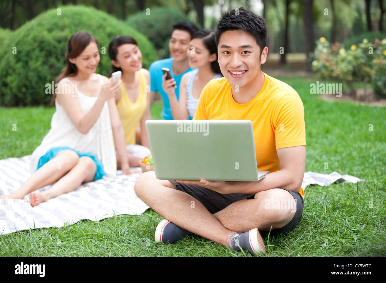 Young man using computer on meadow with friends in background Stock ...