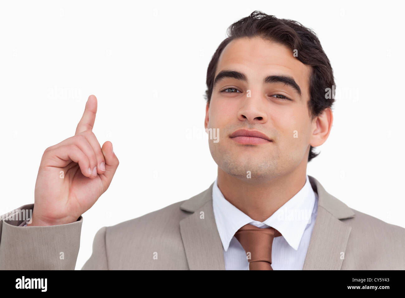 Close up of salesman pointing up Stock Photo - Alamy