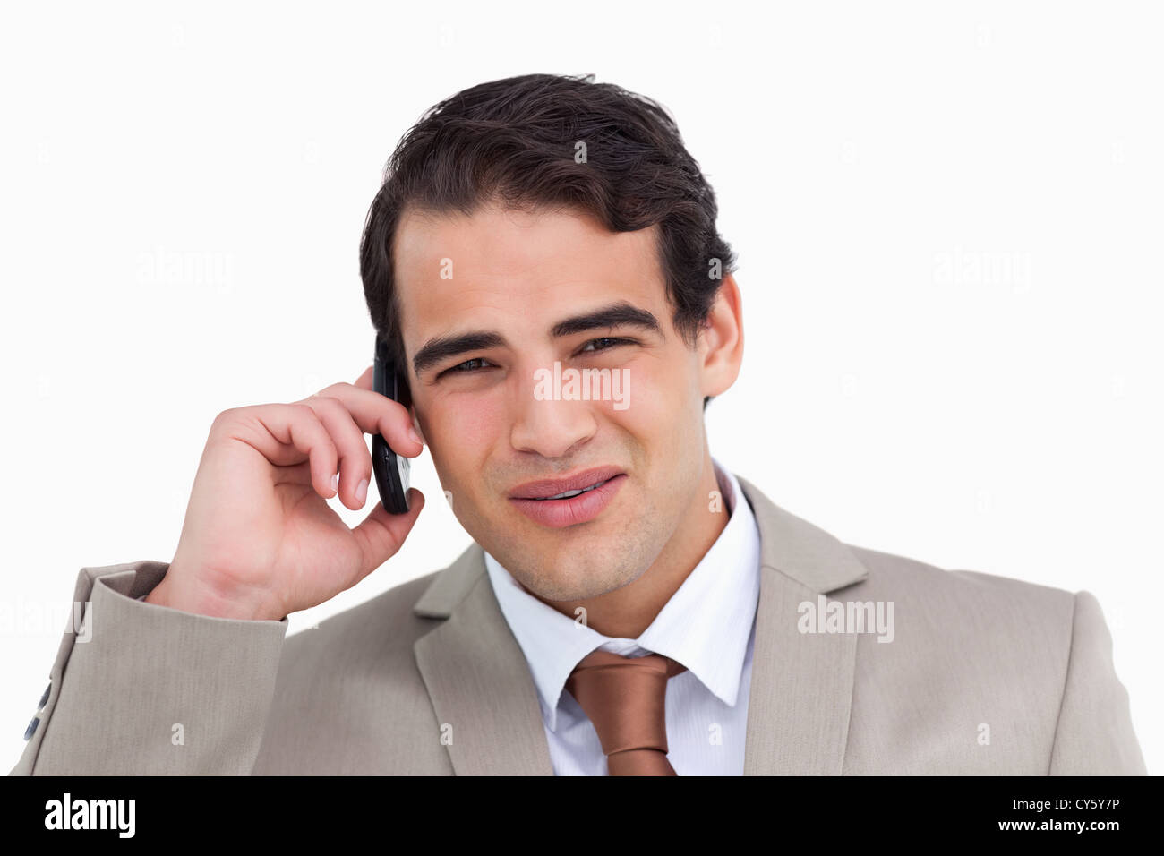 Close up of irritated salesman on his cellphone Stock Photo - Alamy