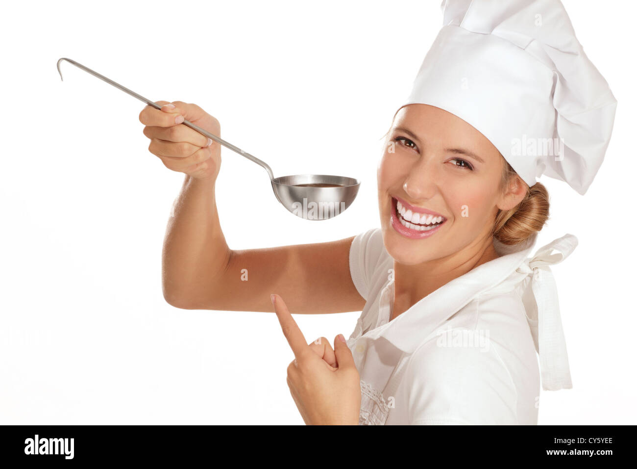 young woman chef with different tools on white Stock Photo - Alamy
