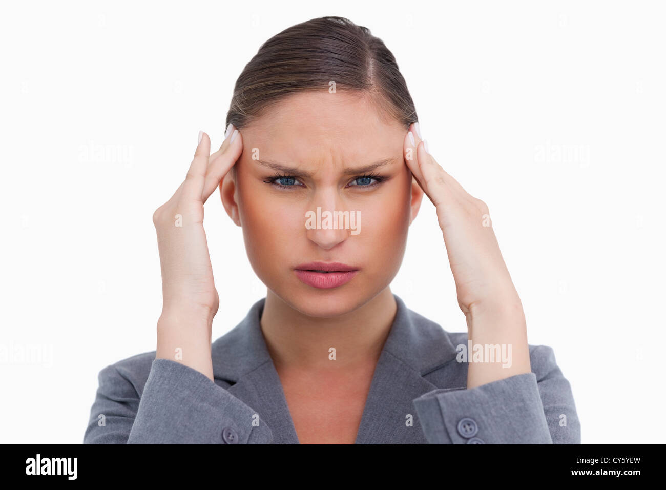 Close up woman rubbing temples hi-res stock photography and images - Alamy