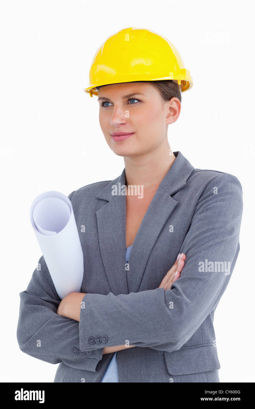 Female architect with plans and helmet on Stock Photo - Alamy