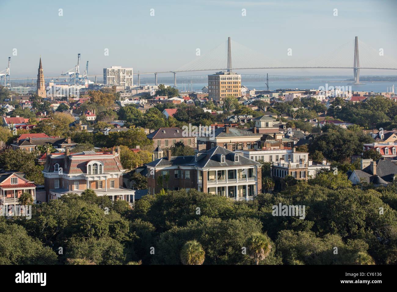 Aerial view of historic Charleston with the Ravenel Bridge Charleston ...