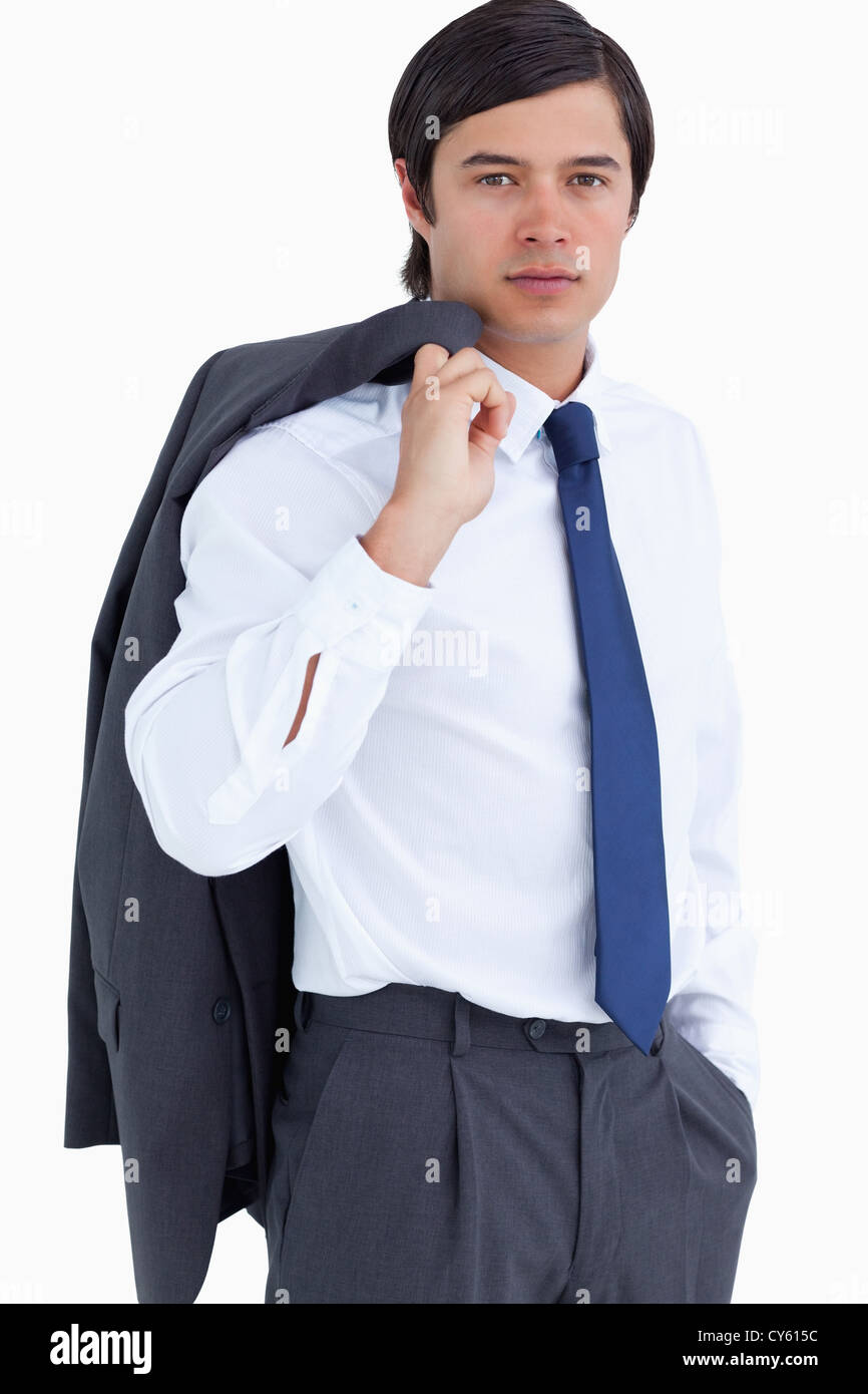 Young tradesman with jacket over his shoulder Stock Photo - Alamy