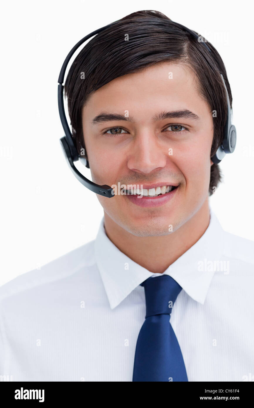 Close up of male telephone support employee with headset on Stock Photo ...