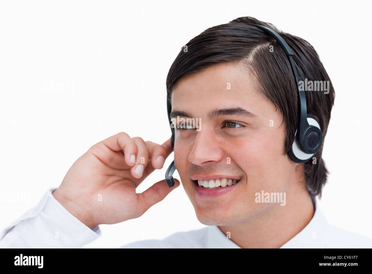 Close up of male call center agent in a conversation Stock Photo - Alamy