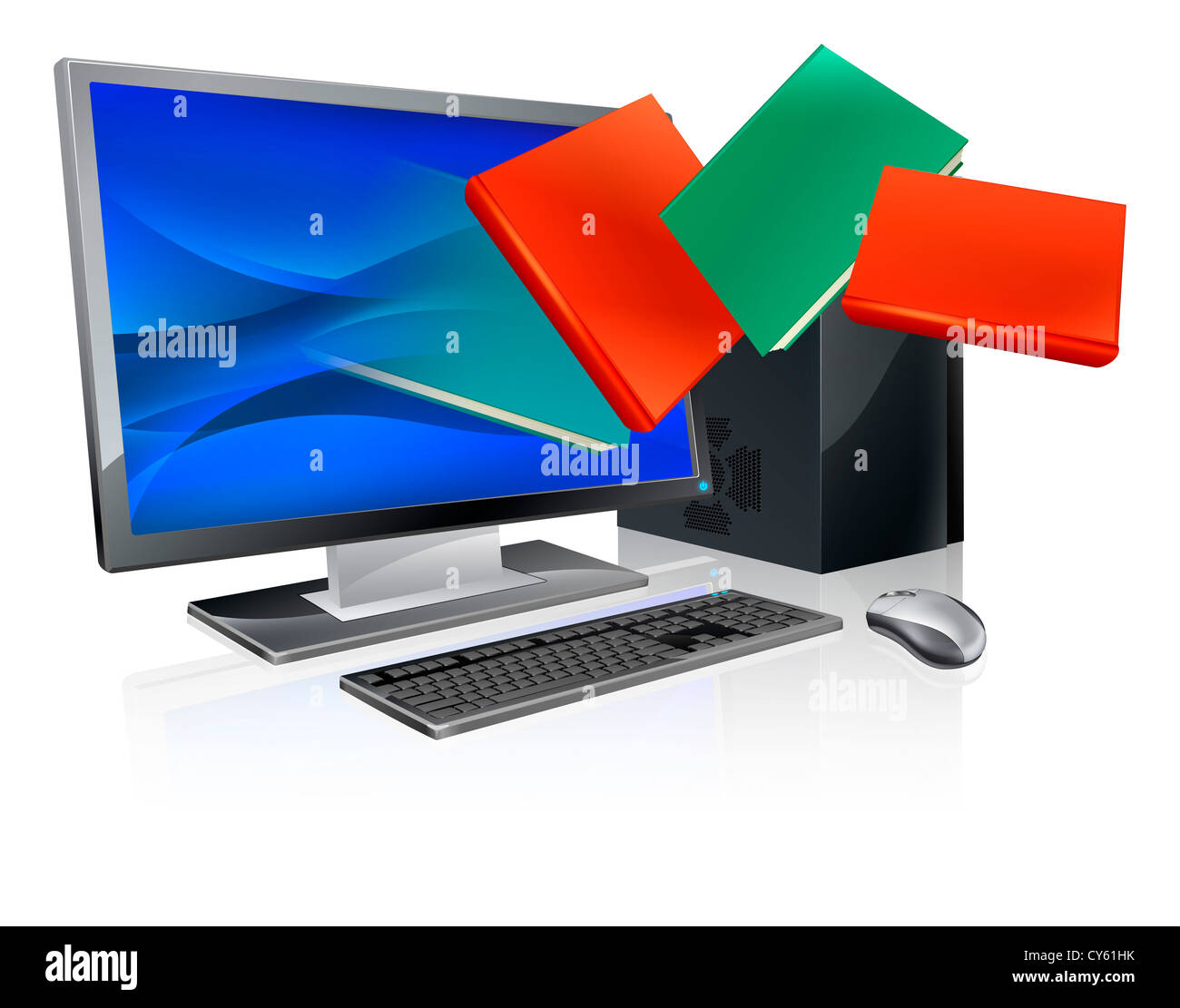 Desktop computer with books flying out of screen. Online education or ...
