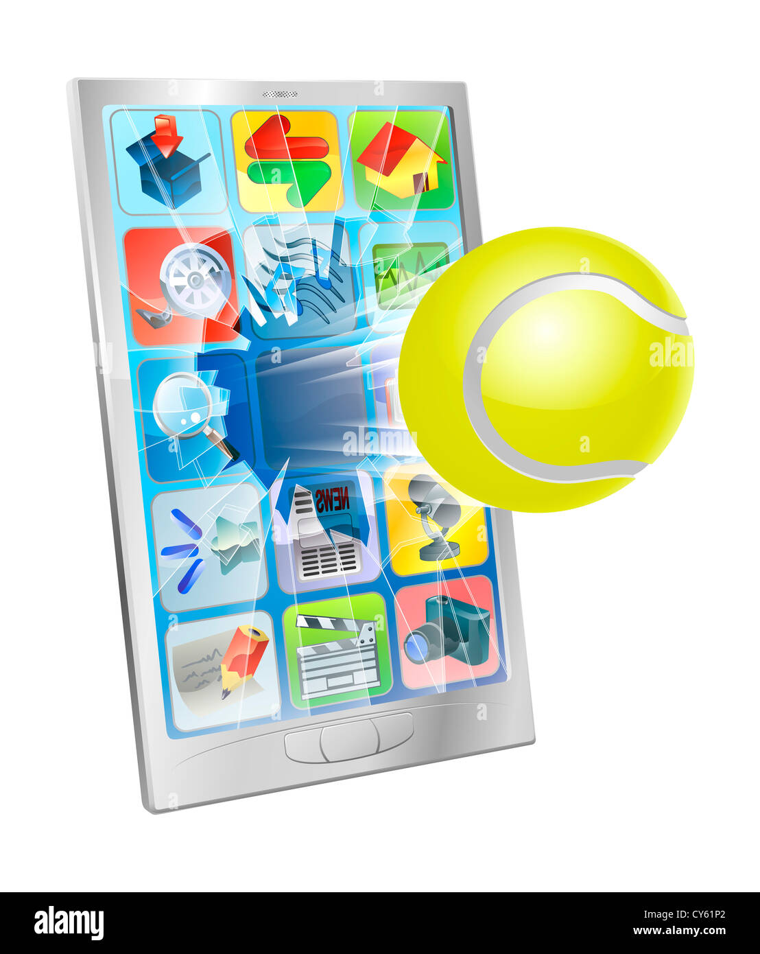 Illustration of a tennis ball flying out of a broken cell phone screen ...