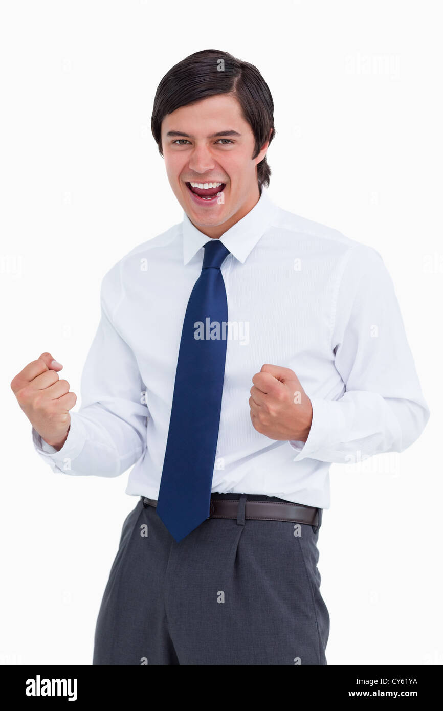 Successful young tradesman celebrating Stock Photo - Alamy