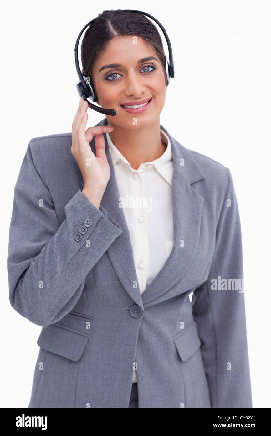 Smiling female call center employee Stock Photo - Alamy