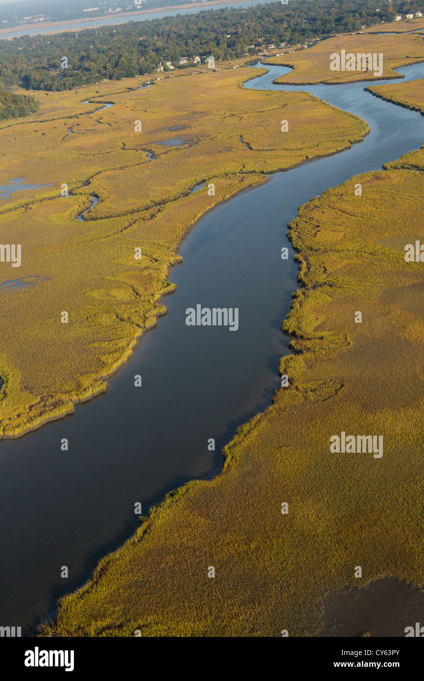 Aerial view of marsh along the Ashley River Charleston, South Carolina ...