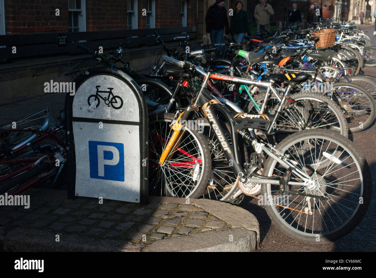 Large row of cycles parked in Cambridge with cycle parking sign Stock ...