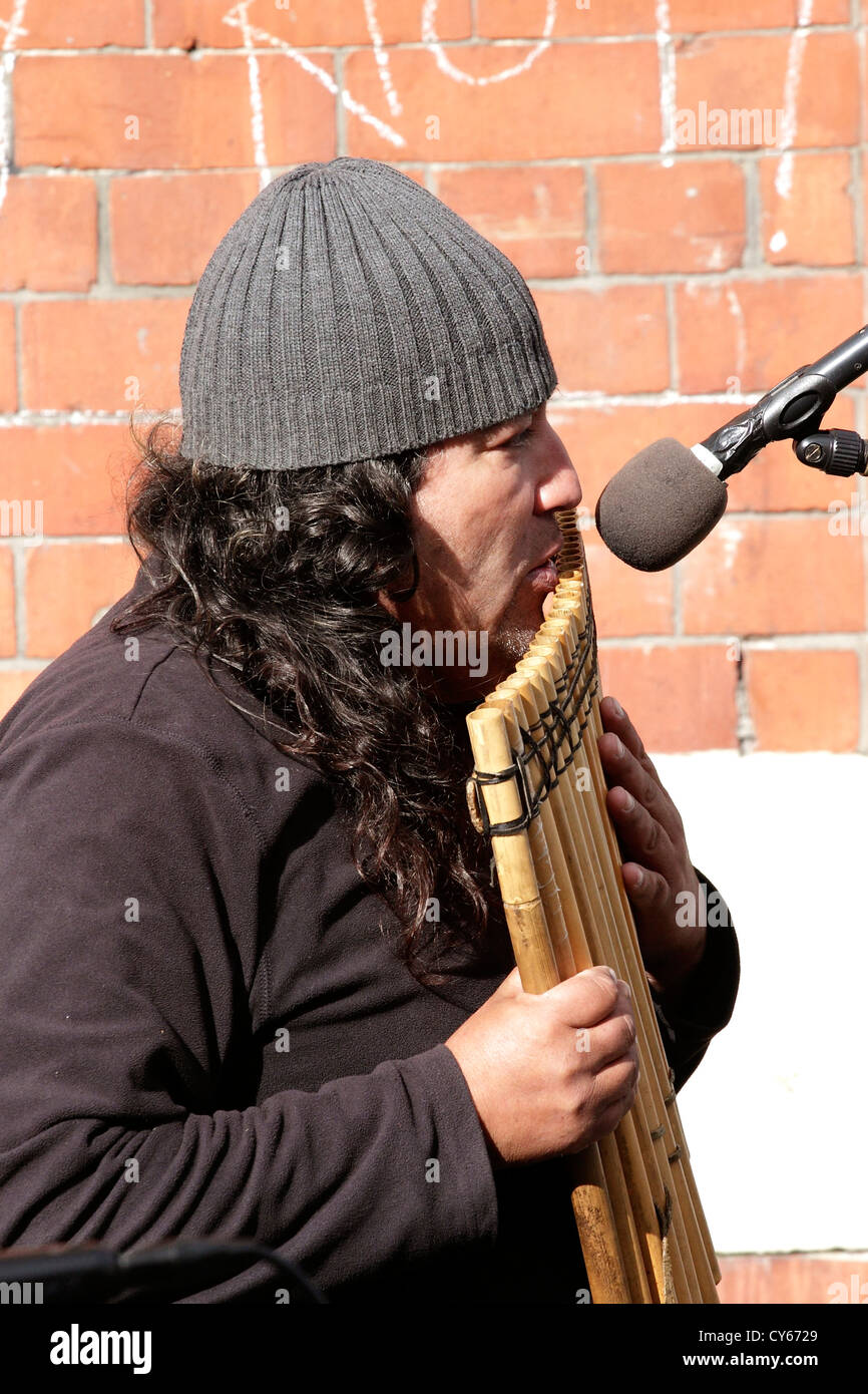 A male busker wearing a wooly hat, playing South American 'pipes' on a ...