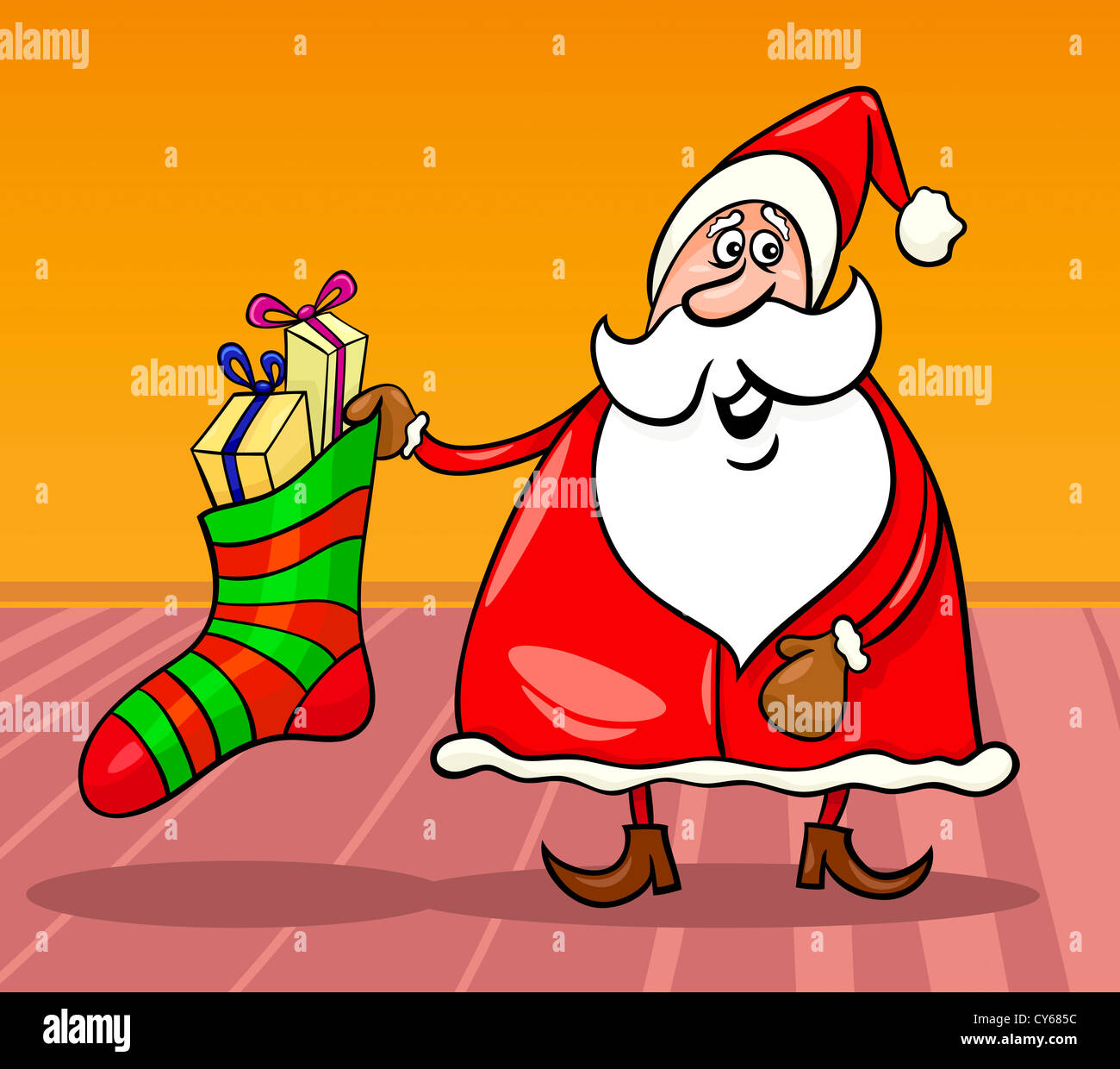 Cartoon Illustration of Funny Santa Claus or Papa Noel with Big Sock ...