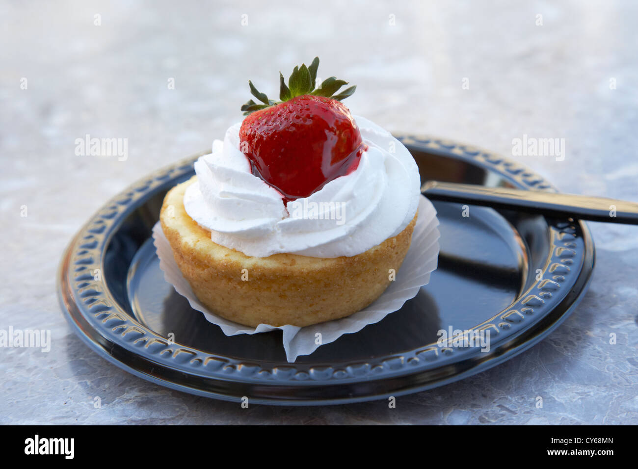 strawberry cheesecake pastry single serving on disposable plastic plate ...